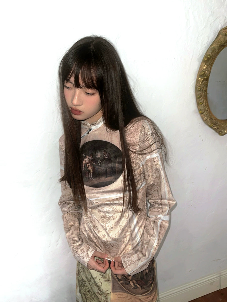 Classical Oil Painting Print Chinese Style Top – ARCANA ARCHIVE