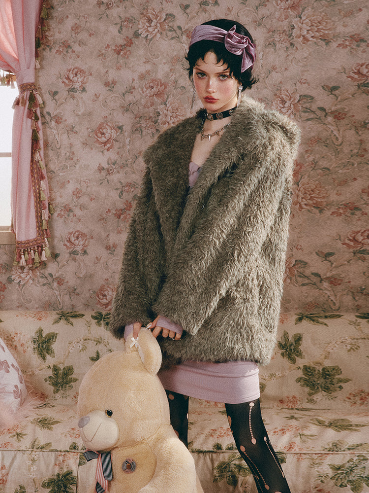 Hoodie Fluffily Retro Plain Simple Long Oversize Fur-Jacket – ARCANA ...