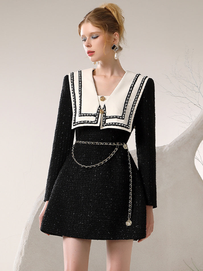 Tweed Sailor Big-Collar Pearl Chain One-Piece – ARCANA ARCHIVE