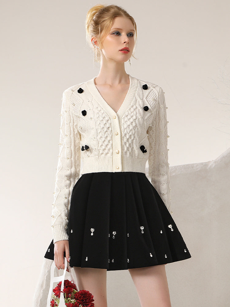 Rose Cable-Knit Retro V-Neck Cardigan – ARCANA ARCHIVE