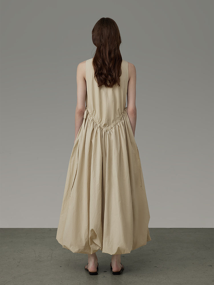 Ribbon Drawstring Balloon V-Neck Natural Long-One-Piece – ARCANA ARCHIVE