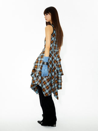 Checked Asymmetry Hem-Skirt Fluffiy One-Piece – ARCANA ARCHIVE