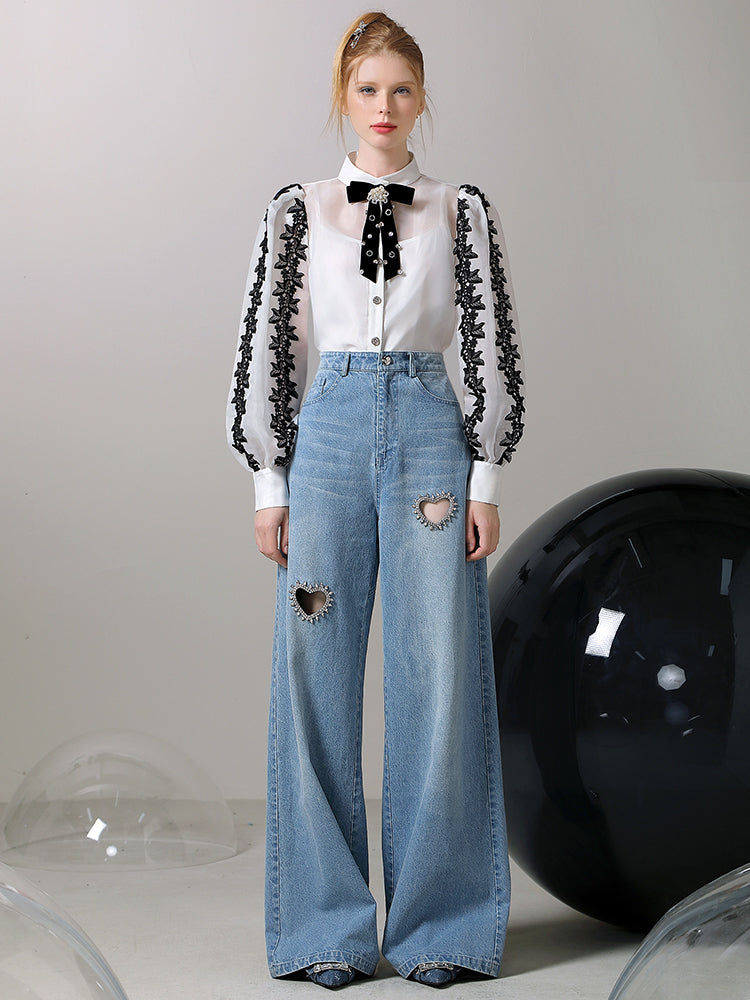 Lace Ribbon Sheer Balloon-Sleeve Blouse – ARCANA ARCHIVE