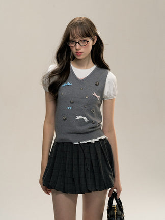 Knit V-Neck Ribbon Metal Nichi Button Vest – ARCANA ARCHIVE