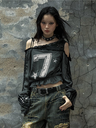 Mesh Drawstring Frill Line One-Shoulder Tops – ARCANA ARCHIVE