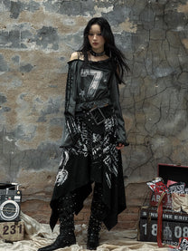 Mesh Drawstring Frill Line One-Shoulder Tops – ARCANA ARCHIVE