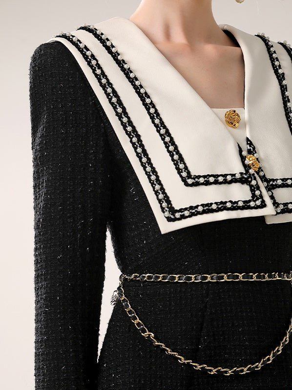 Tweed Sailor Big-Collar Pearl Chain One-Piece – ARCANA ARCHIVE