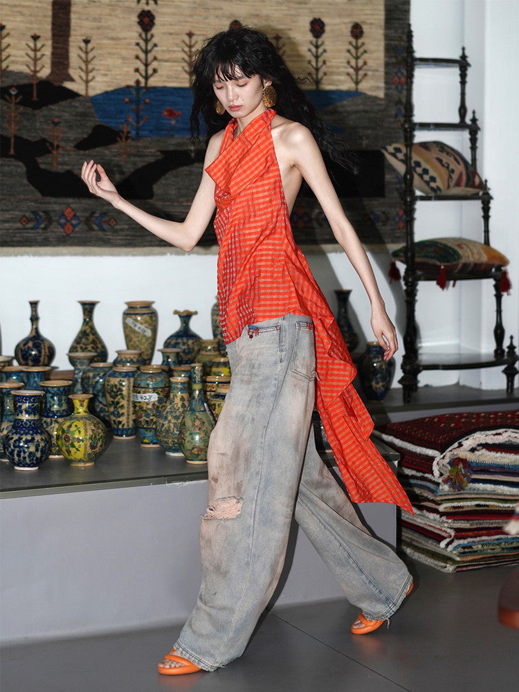 Unique Back-Open Nichi Chekced Halter-Neck Fish-Tail Tops – ARCANA ARCHIVE