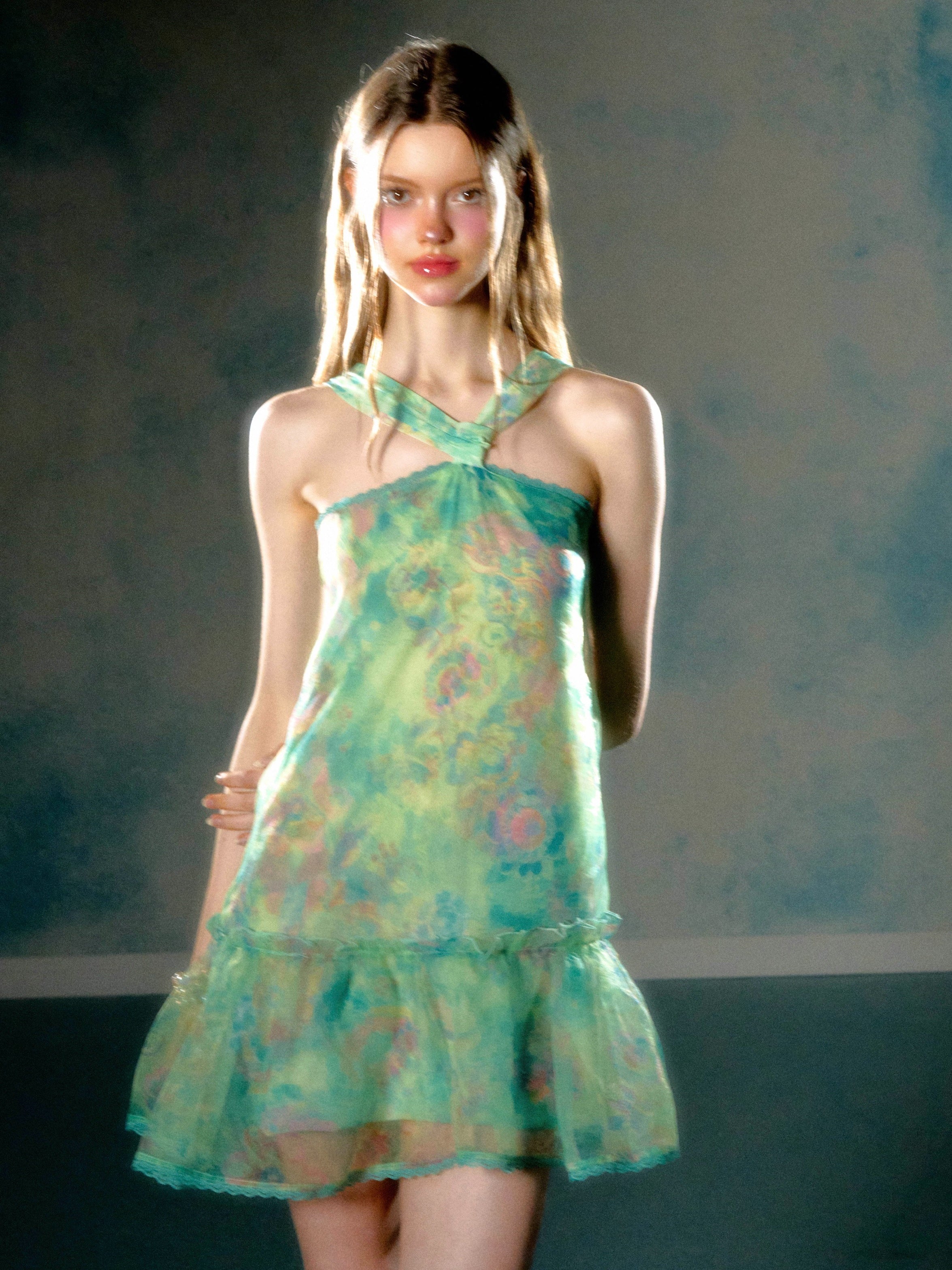 Oil Painting Style Mesh Lace Halterneck Dress – ARCANA ARCHIVE