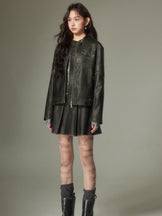 Emboss Ribbon Leather Stand Collar Jacket – ARCANA ARCHIVE