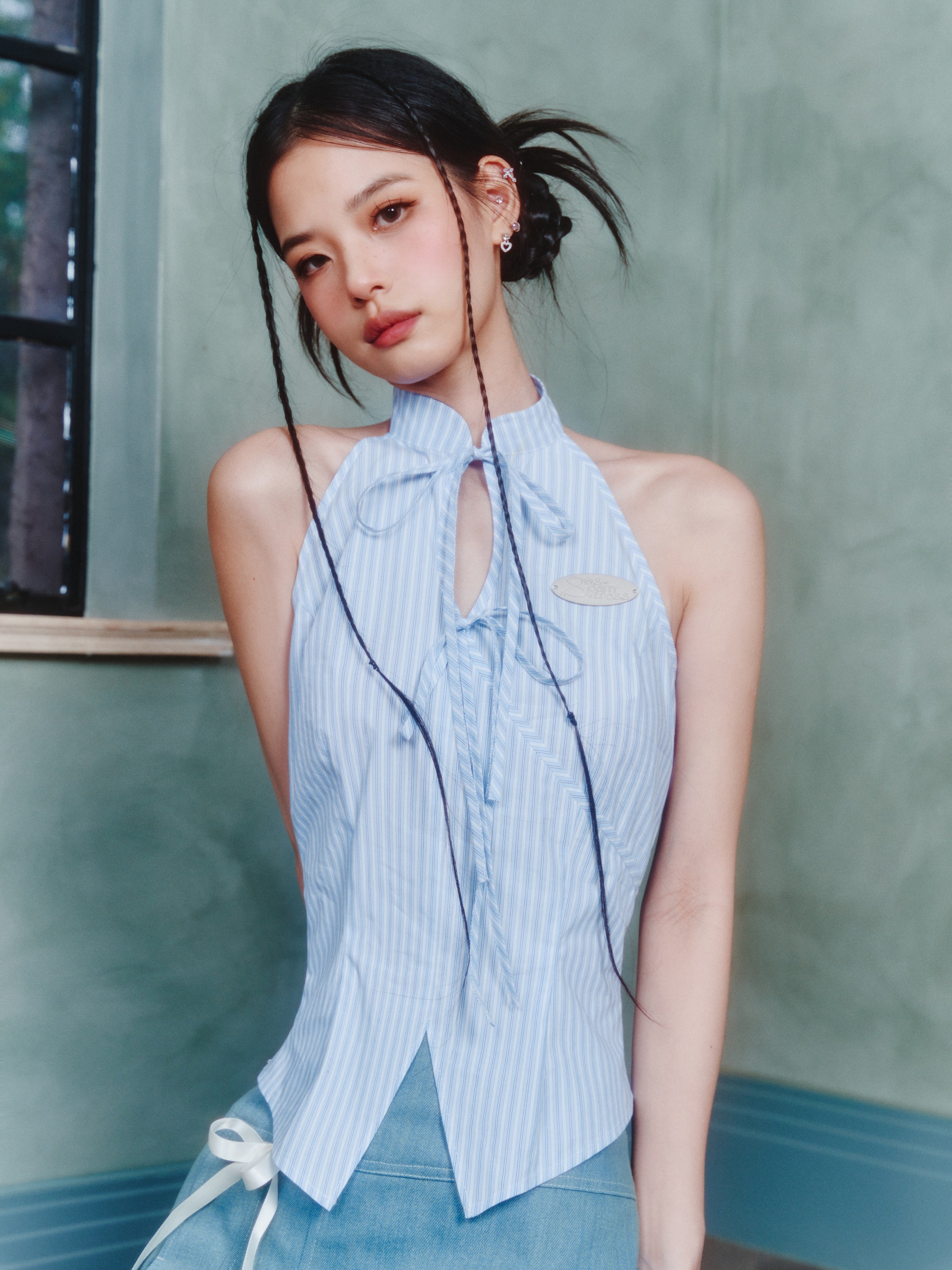 Striped Hollow Open Back Sleeveless Cheongsam Top – ARCANA ARCHIVE