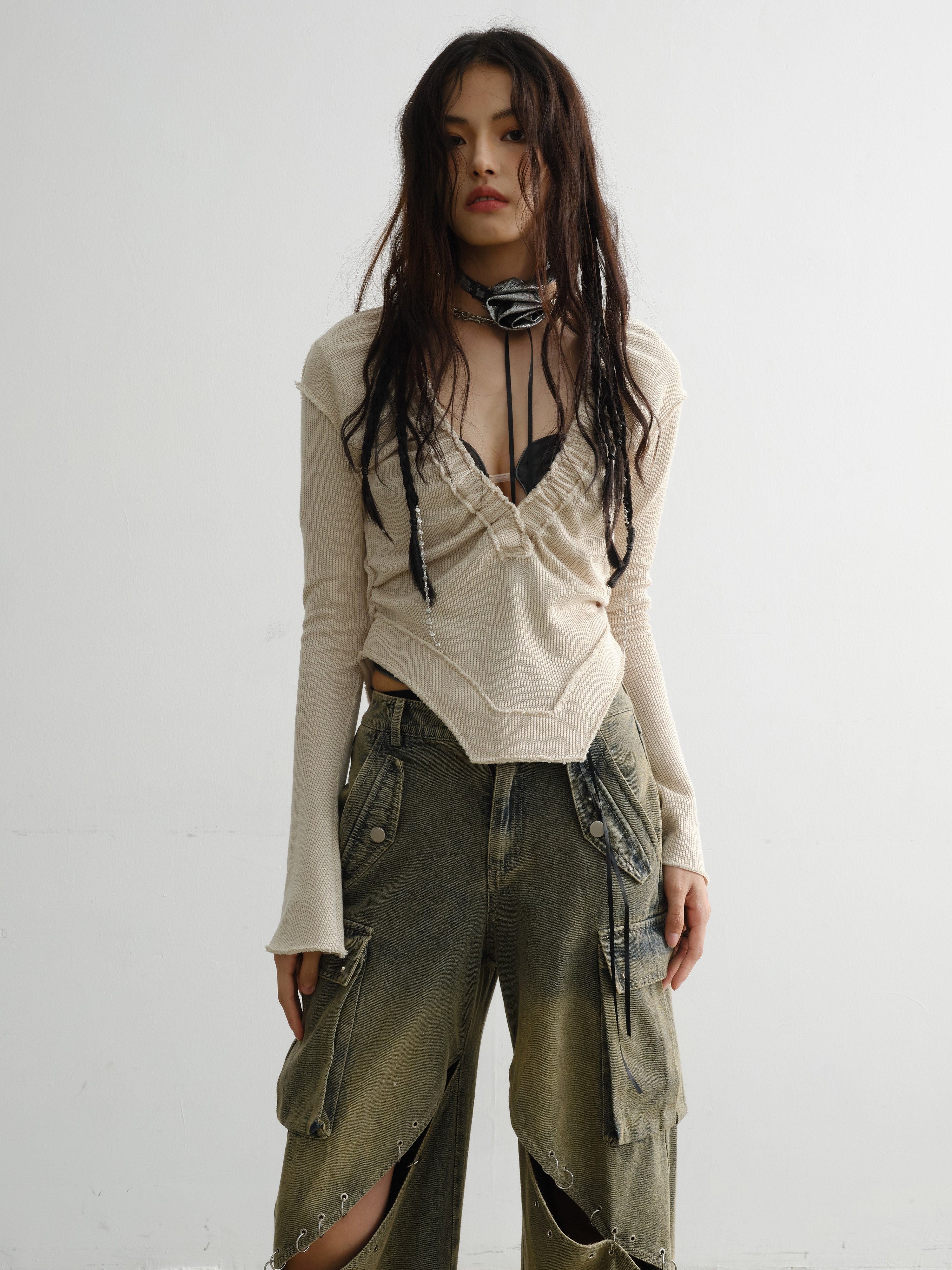 Raw Edge Stitching Deep V Knitted Shirt – ARCANA ARCHIVE