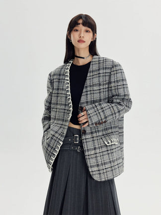 Woven Plaid No-Collar Jacket ＆ Vest ＆ Pleated Skirt – ARCANA ARCHIVE