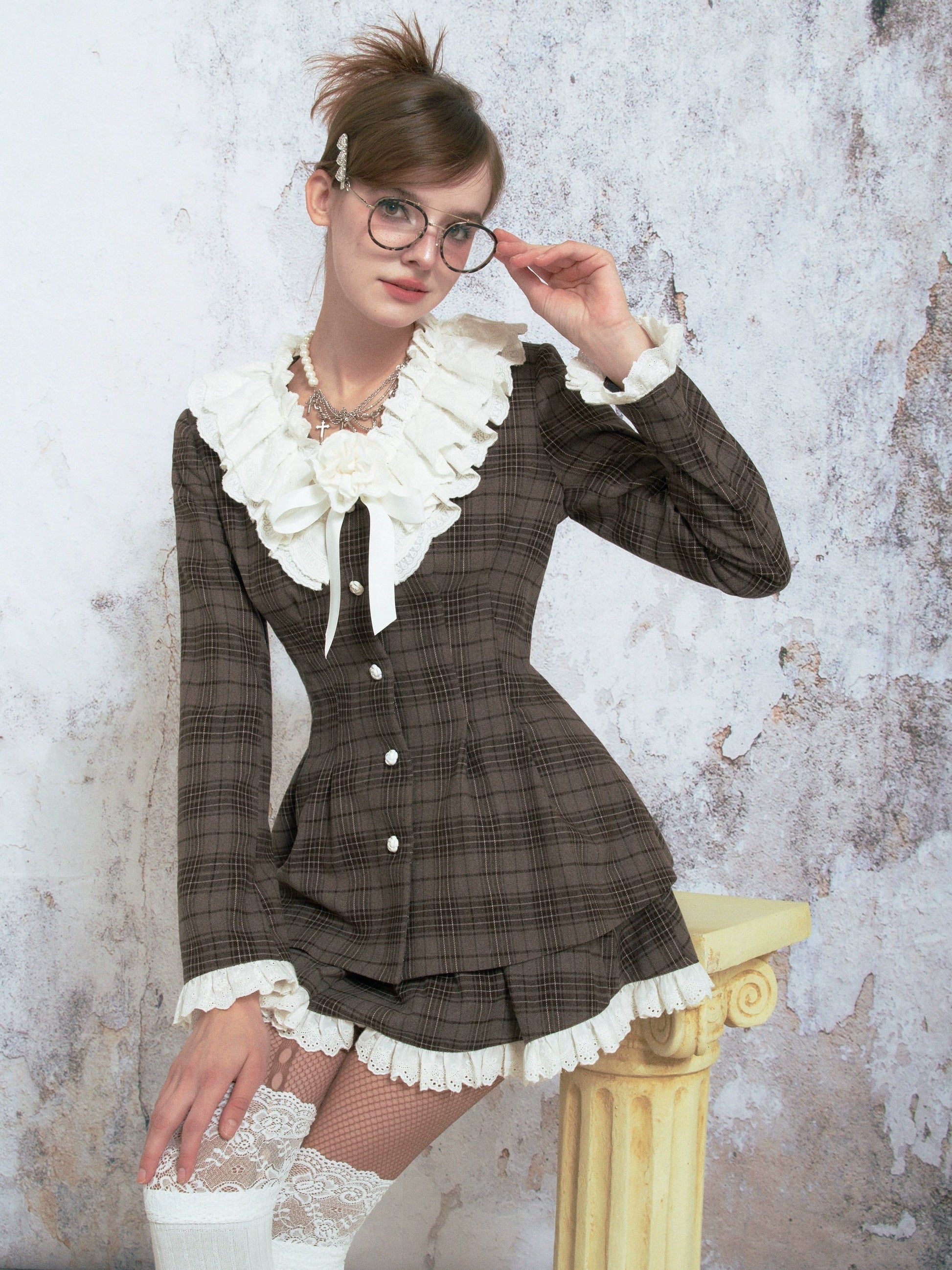 Plaid Embroidered Lace Fake Layered Cake Dress – ARCANA ARCHIVE