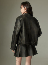 Emboss Ribbon Leather Stand Collar Jacket – ARCANA ARCHIVE