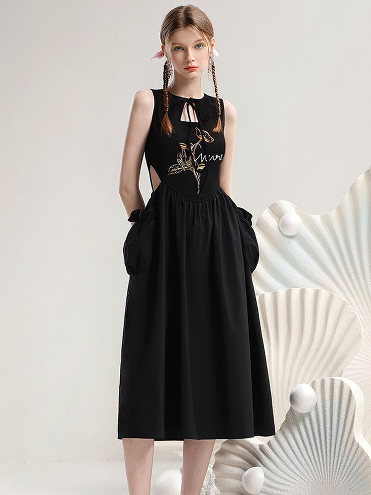Side-Open Pocket No-Sleeve Print Flare Long Dress – ARCANA ARCHIVE