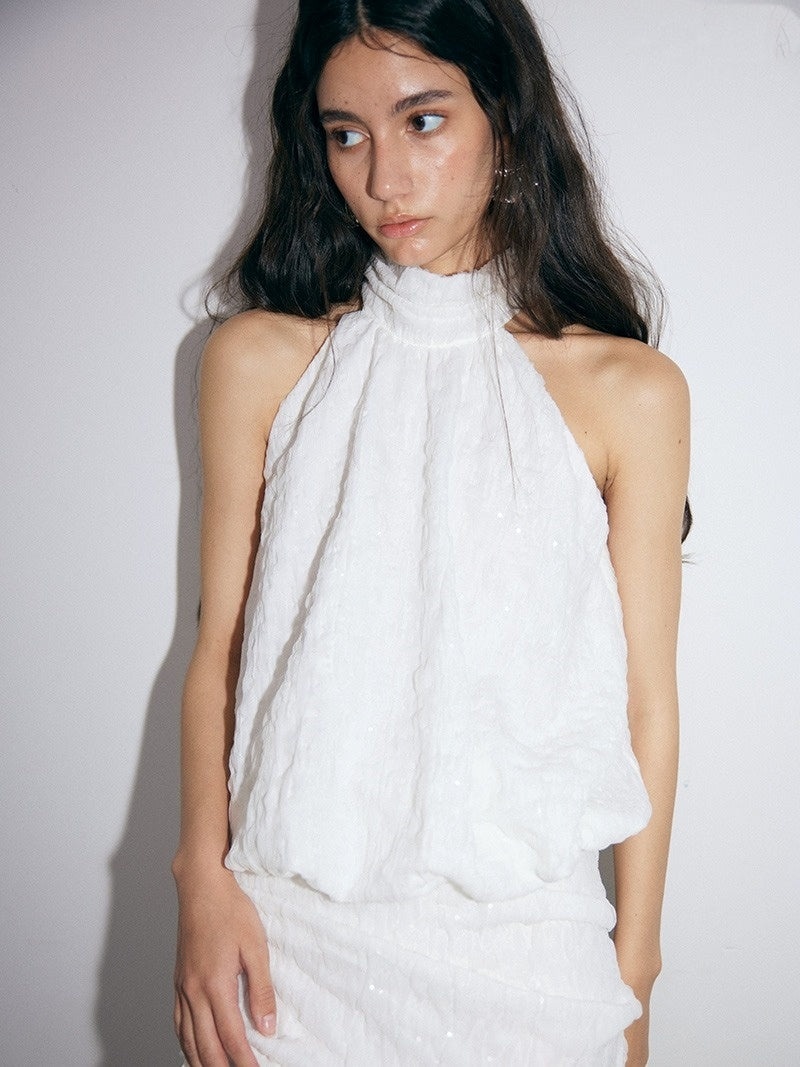 Sequined Textured Shaved Shoulder Bud Top – ARCANA ARCHIVE