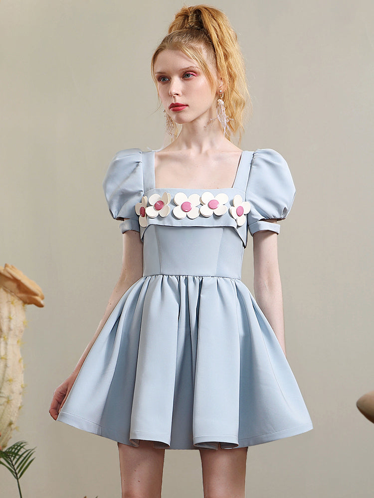 Flower Retro Puff-Sleeve Fluffily Dress – ARCANA ARCHIVE