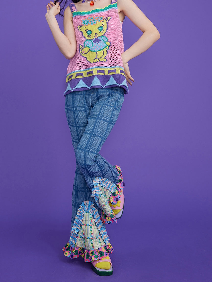Plaid Stretch Print Flared Jeans - tntntutu – ARCANA ARCHIVE