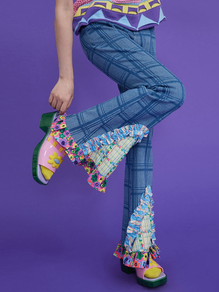 Plaid Stretch Print Flared Jeans - tntntutu – ARCANA ARCHIVE