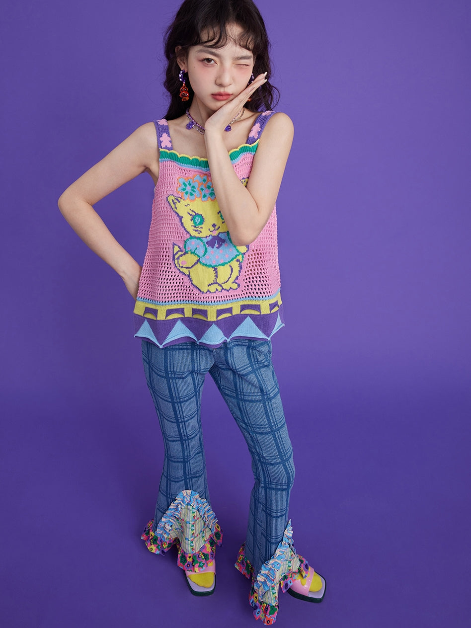 Plaid Stretch Print Flared Jeans - tntntutu – ARCANA ARCHIVE