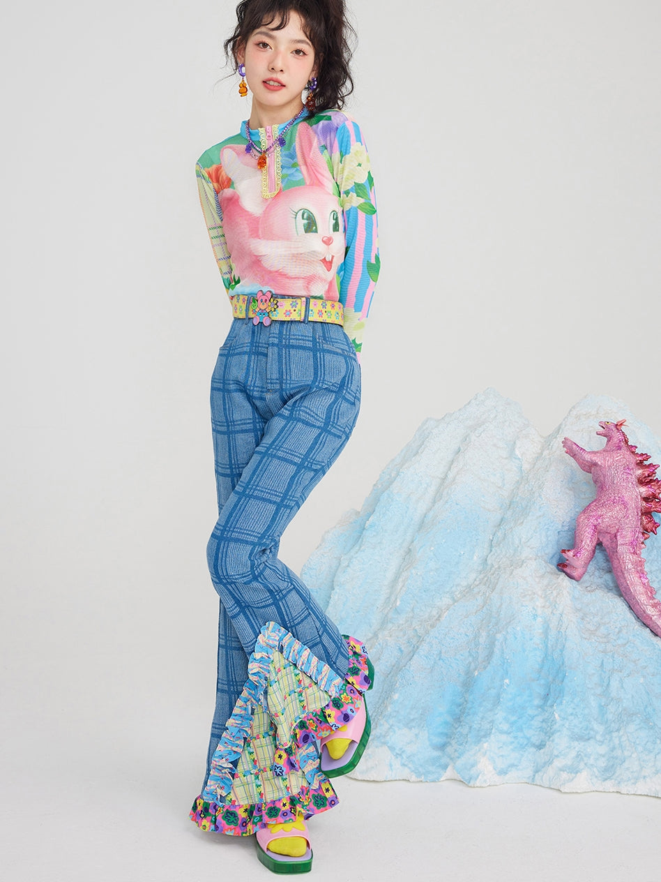 Plaid Stretch Print Flared Jeans - tntntutu – ARCANA ARCHIVE