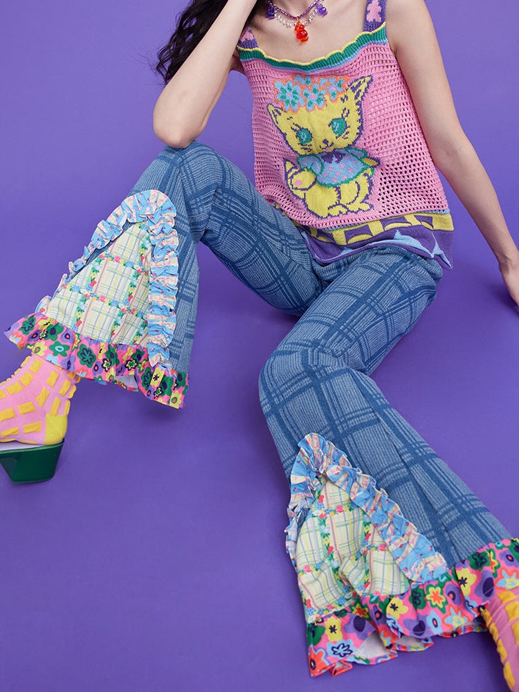 Plaid Stretch Print Flared Jeans - tntntutu – ARCANA ARCHIVE